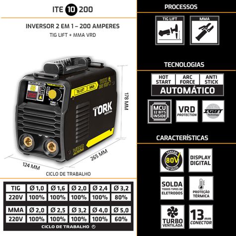 Inversora De Solda ITE 10200 AC/DC 200A TIG/MMA Tork - Cosama