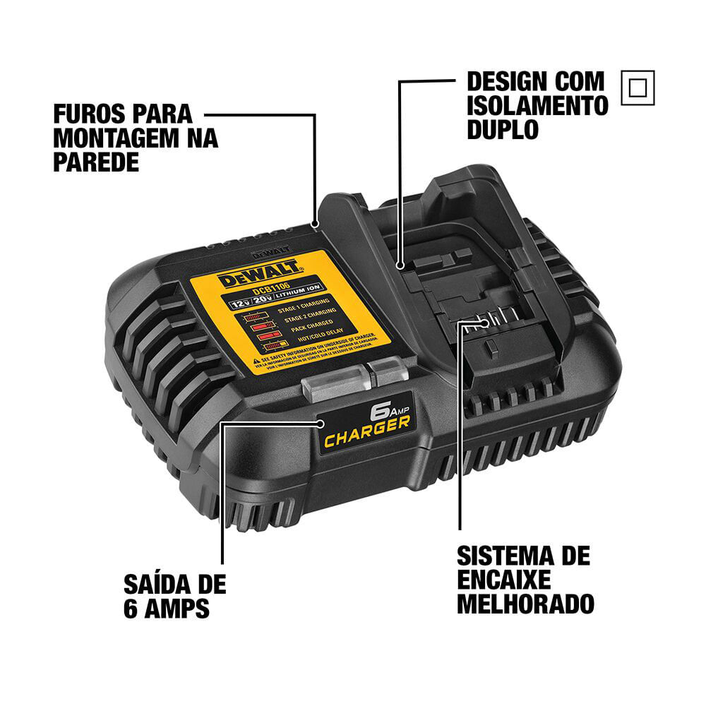 Carregador Rápido 6Ah 20V MAX 220V DCB1106-B2 Dewalt - Cosama